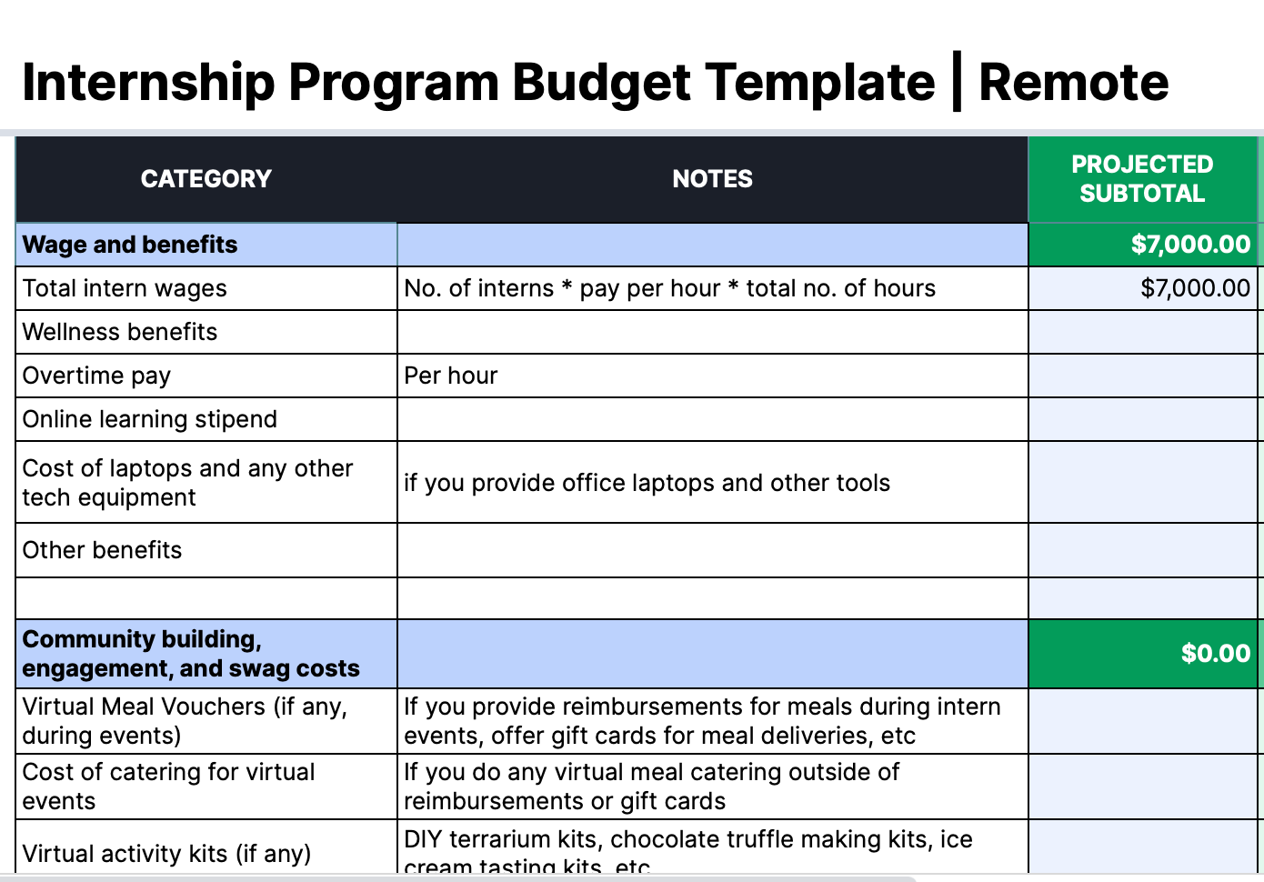 Remote Internship Budget